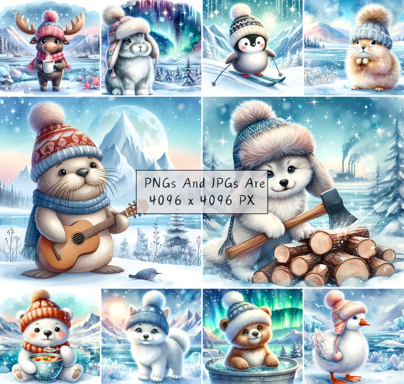 Cute Winter Arctic Animals Clipart Bundle, Festive Watercolor Clip Art ...