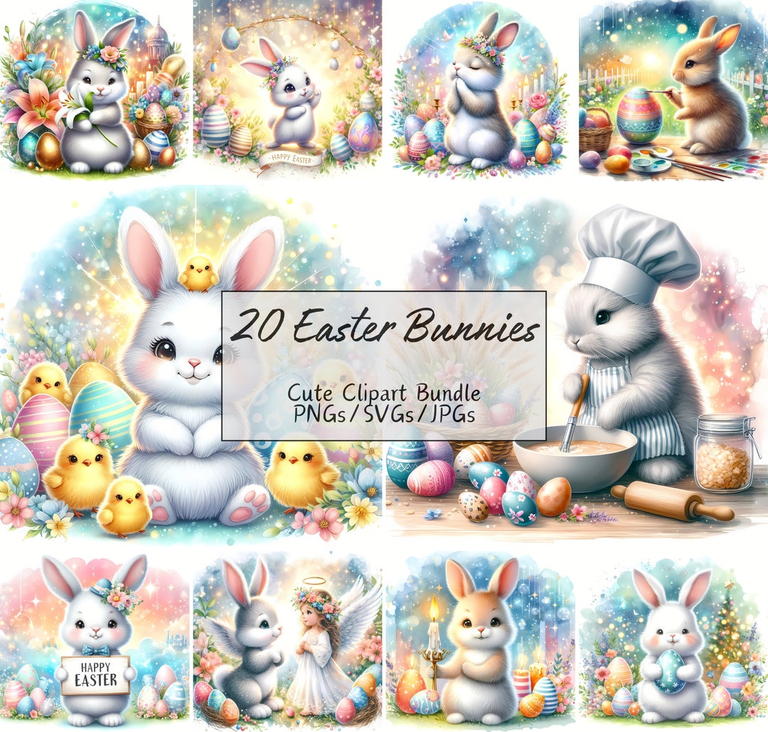 Cute Easter Bunnies Clipart Bundle, Watercolor Clip Art Images, 20 High ...