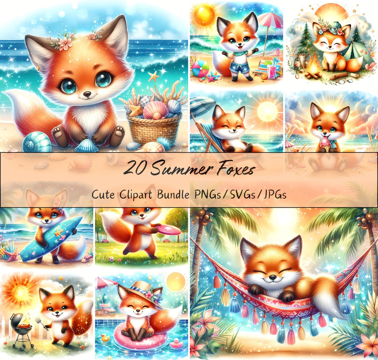 Cute Summer Foxes Clipart Bundle, Watercolor Fox Clip Art Images, High ...