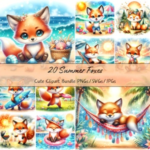 Cute Summer Foxes Clipart Bundle, Watercolor Fox Clip Art Images, High ...