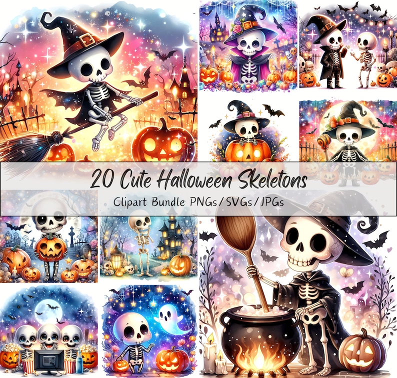 Cute Halloween Skeletons Clipart Bundle, Watercolor Skeleton Clip Art ...