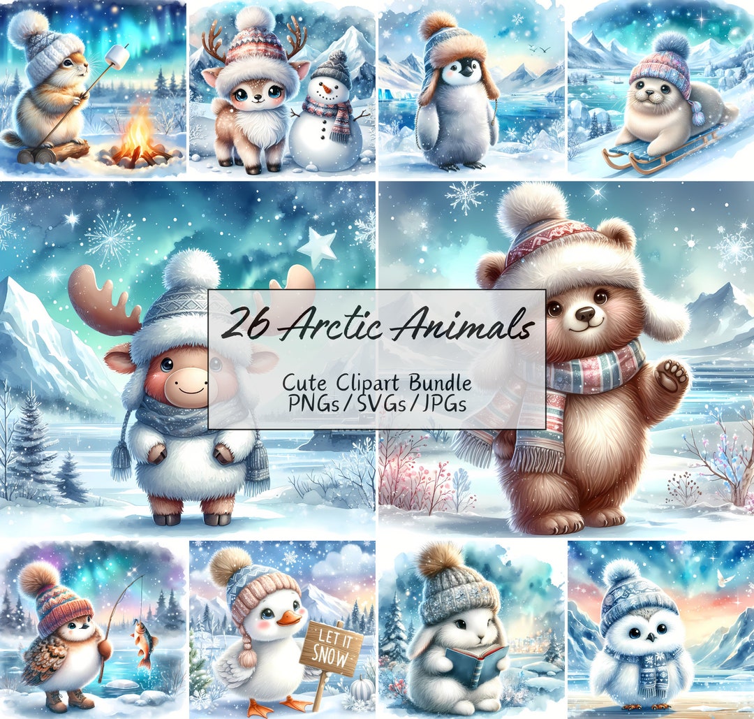 Cute Winter Arctic Animals Clipart Bundle, Festive Watercolor Clip Art ...