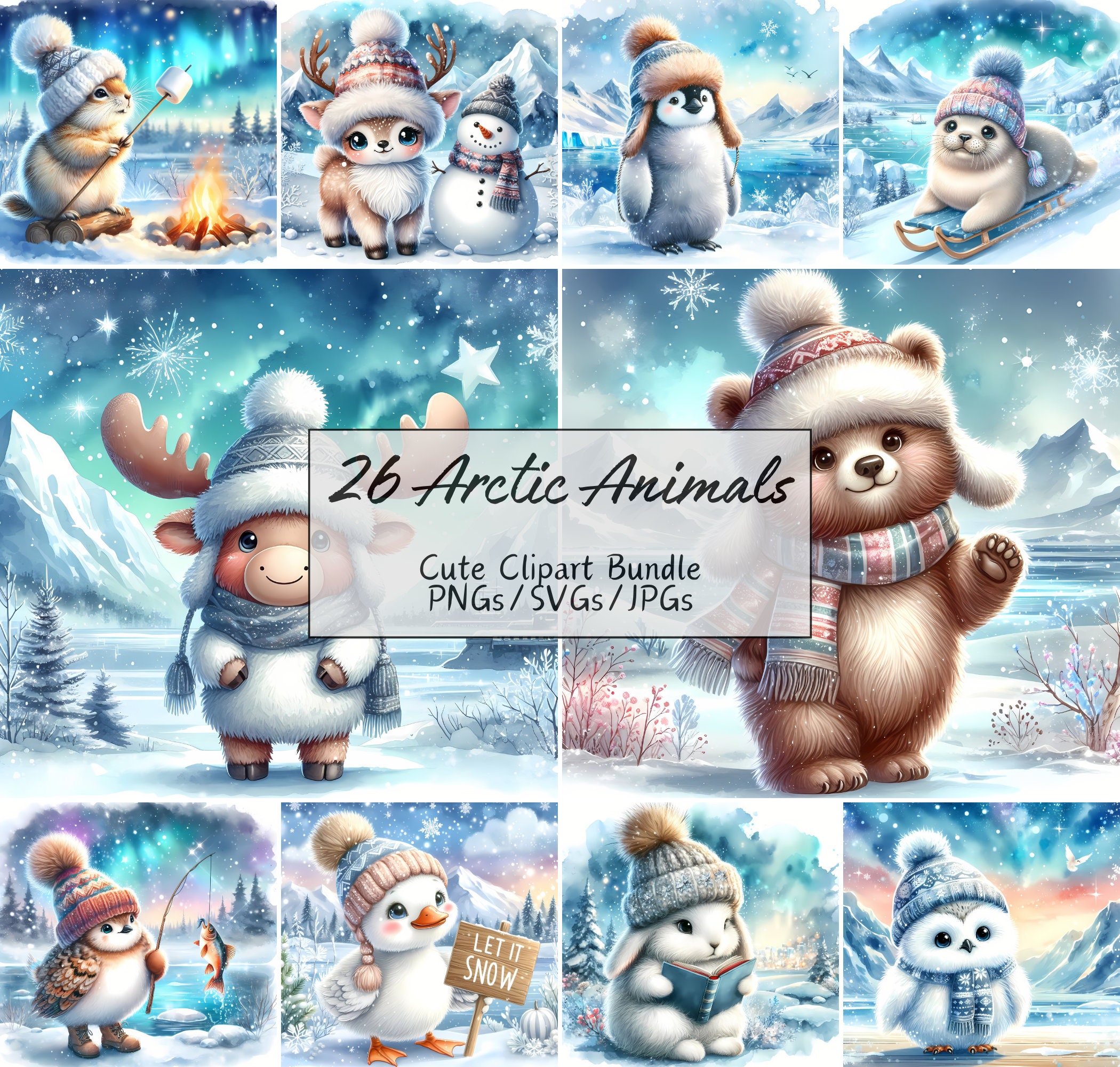 Cute Winter Arctic Animals Clipart Bundle, Festive Watercolor Clip Art ...