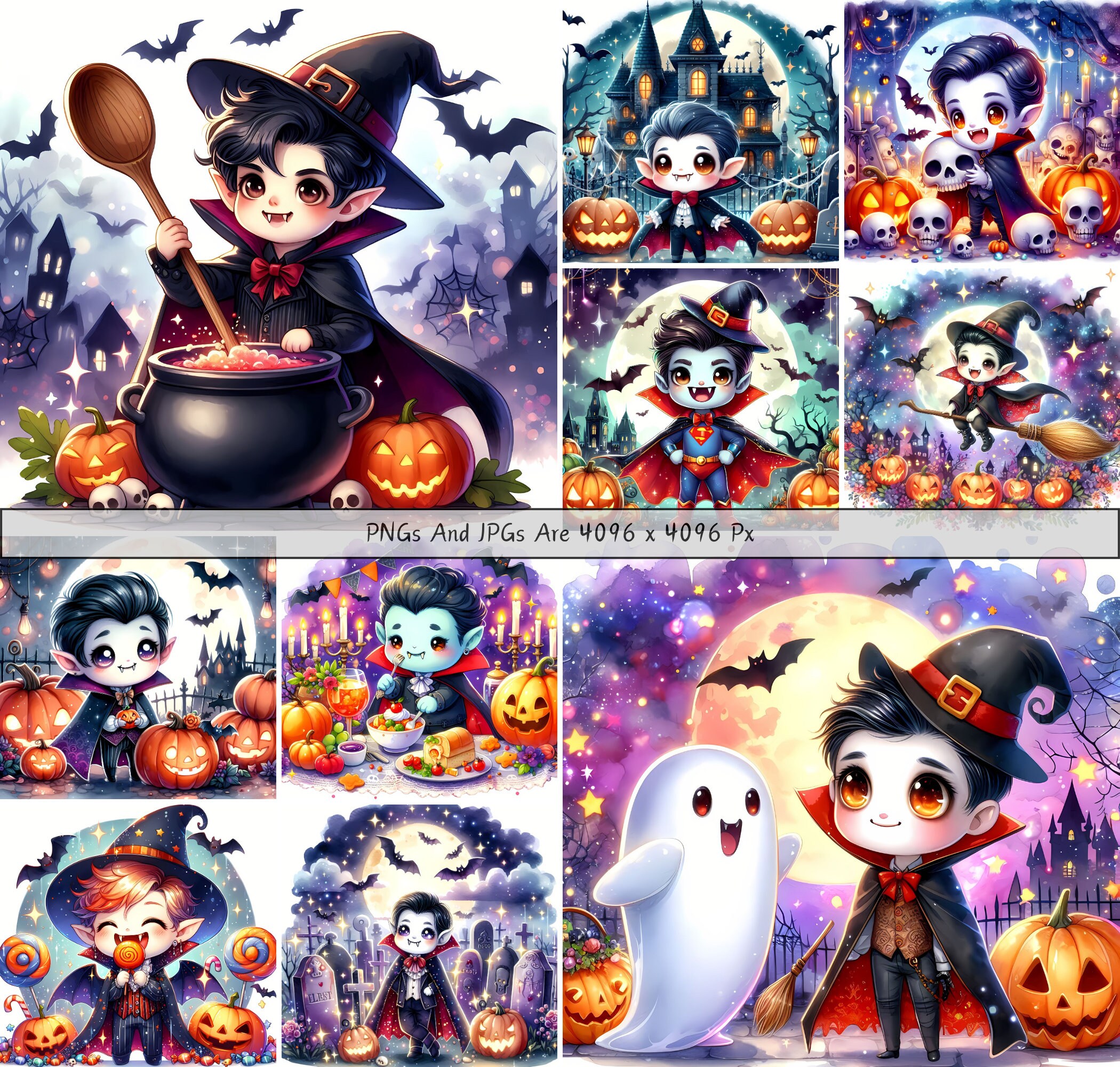 Cute Halloween Vampires Clipart Bundle, Watercolor Vampire Clip Art ...