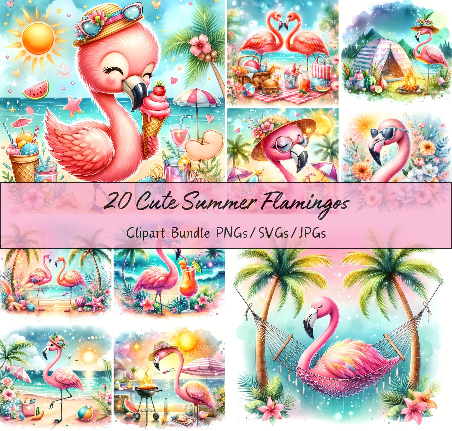 Cute Summer Flamingos Clipart Bundle, Watercolor Flamingo Clip Art ...