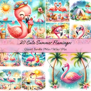 Cute Summer Flamingos Clipart Bundle, Watercolor Flamingo Clip Art ...