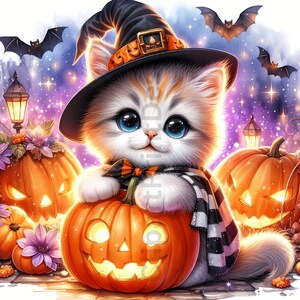 Cute Halloween Kittens Clipart Bundle, Watercolor Kitten Clip Art ...