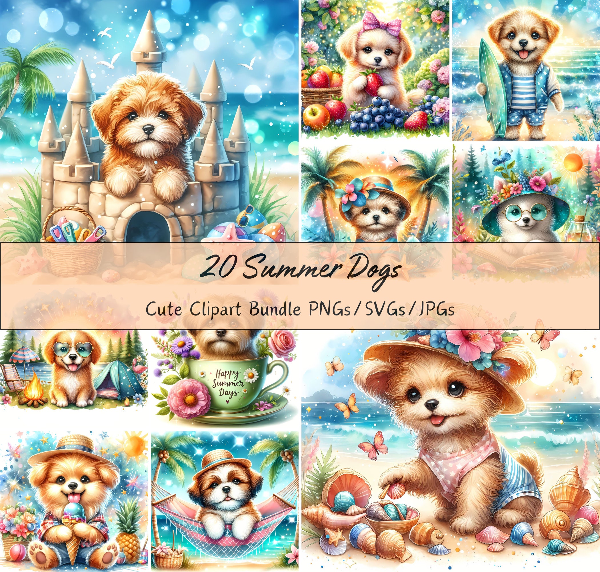Cute Summer Dogs Clipart Bundle, Watercolor Dog Clip Art Images, High ...
