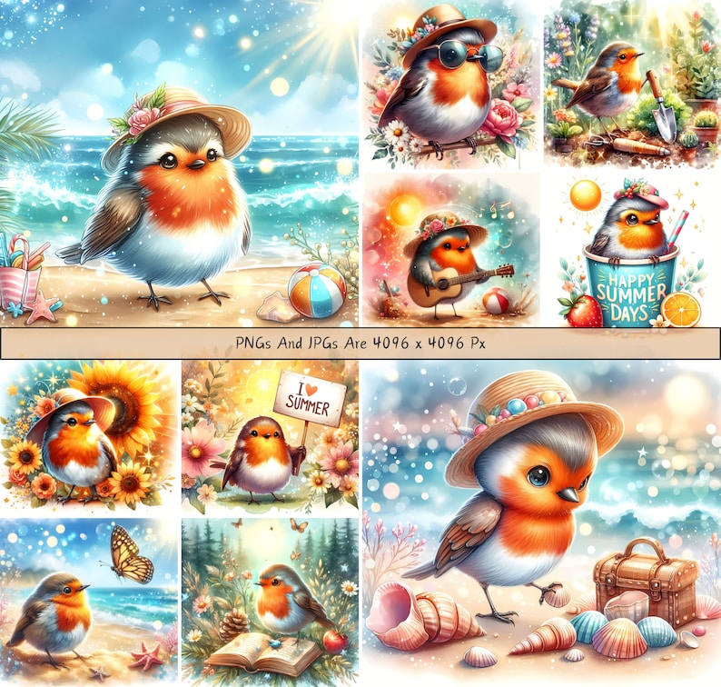 Cute Summer Robins Clipart Bundle, Watercolor Robin Clip Art Images ...