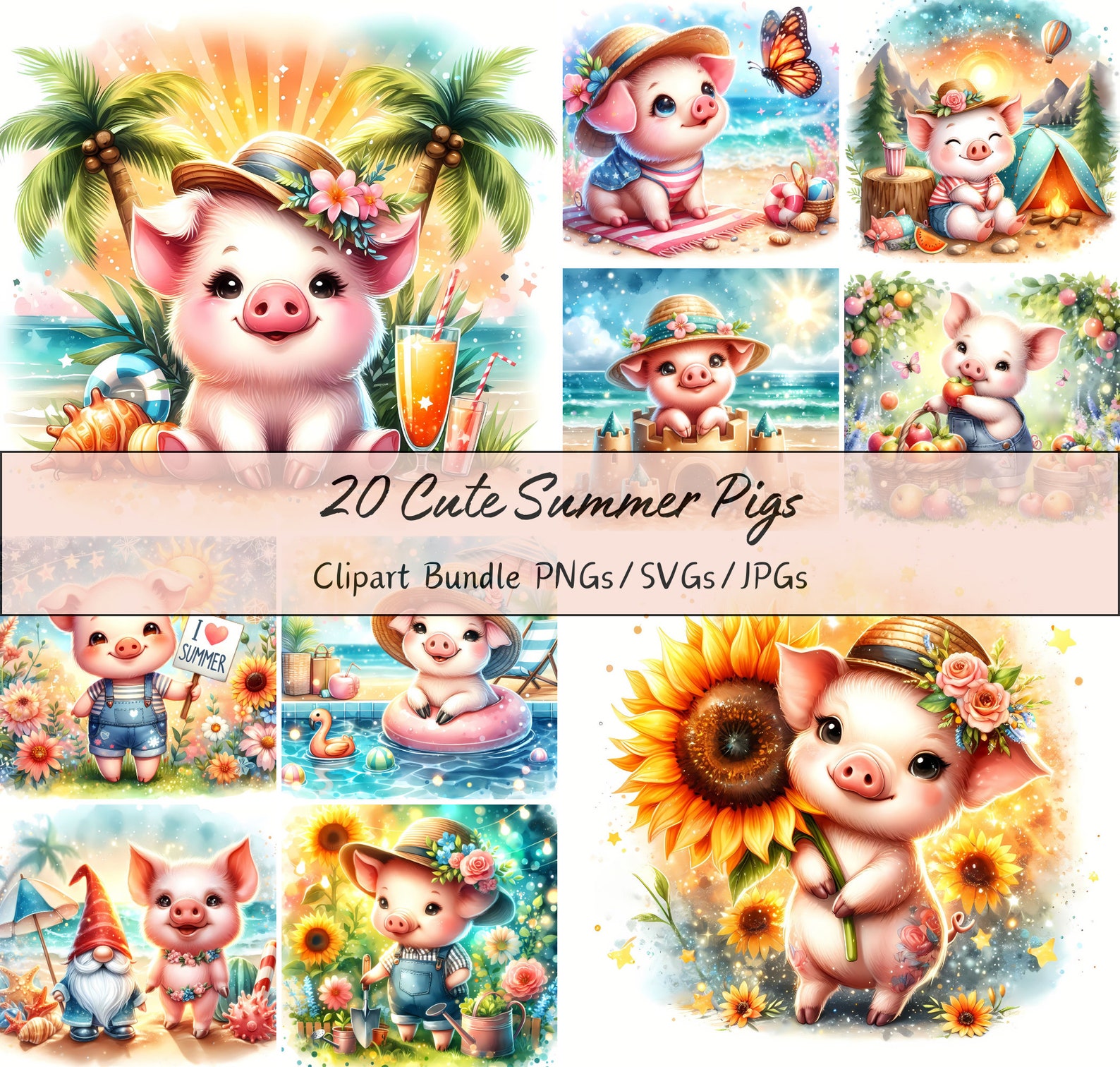 Cute Summer Pigs Clipart Bundle, Watercolor Pig Clip Art Images, High ...
