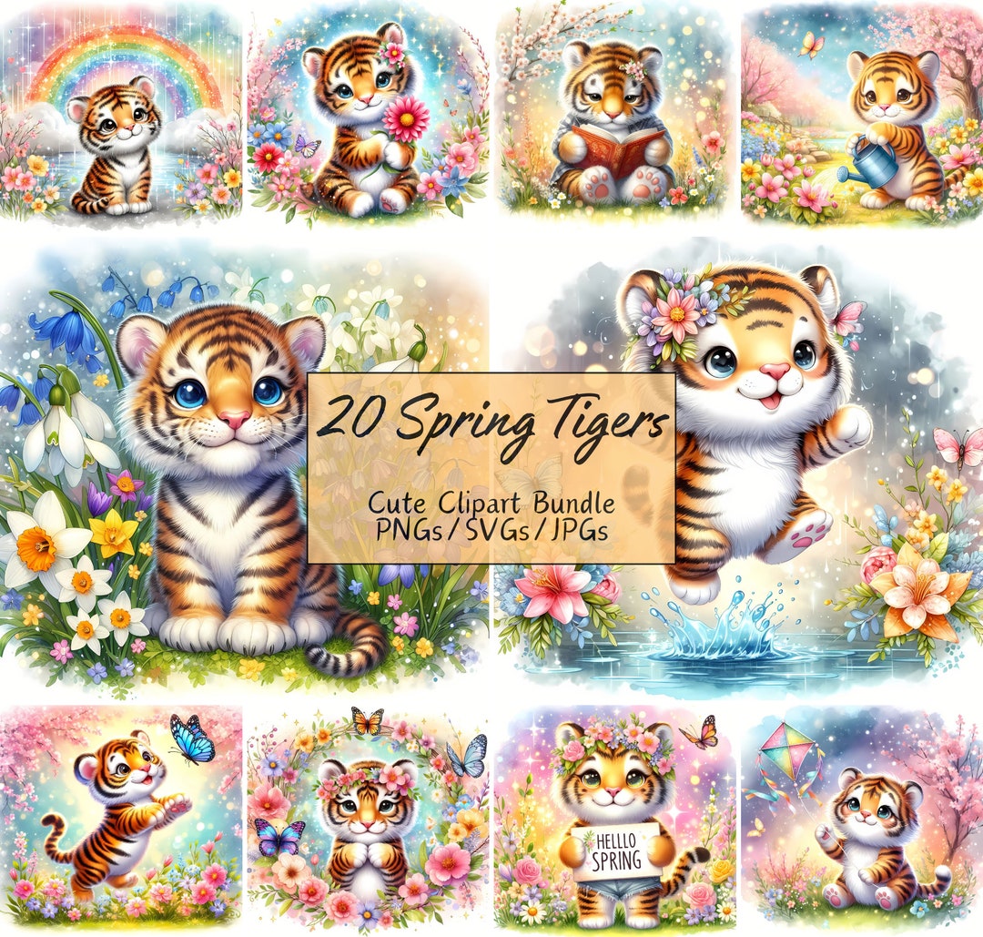Cute Spring Tigers Clipart Bundle, Watercolor Clip Art Images, High ...