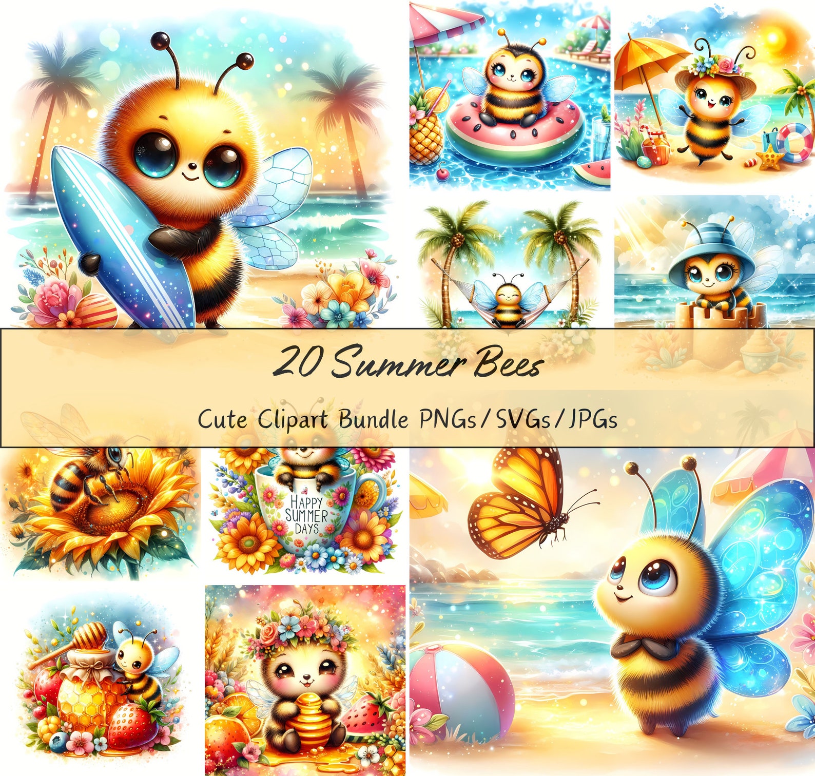 Cute Summer Bees Clipart Bundle, Watercolor Bee Clip Art Images, High ...