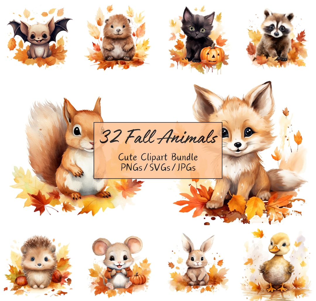 Watercolor Baby Fall Animals Clipart Bundle, 32 Cute Woodland Animals ...