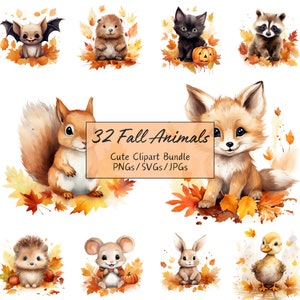 Watercolor Baby Fall Animals Clipart Bundle, 32 Cute Woodland Animals ...