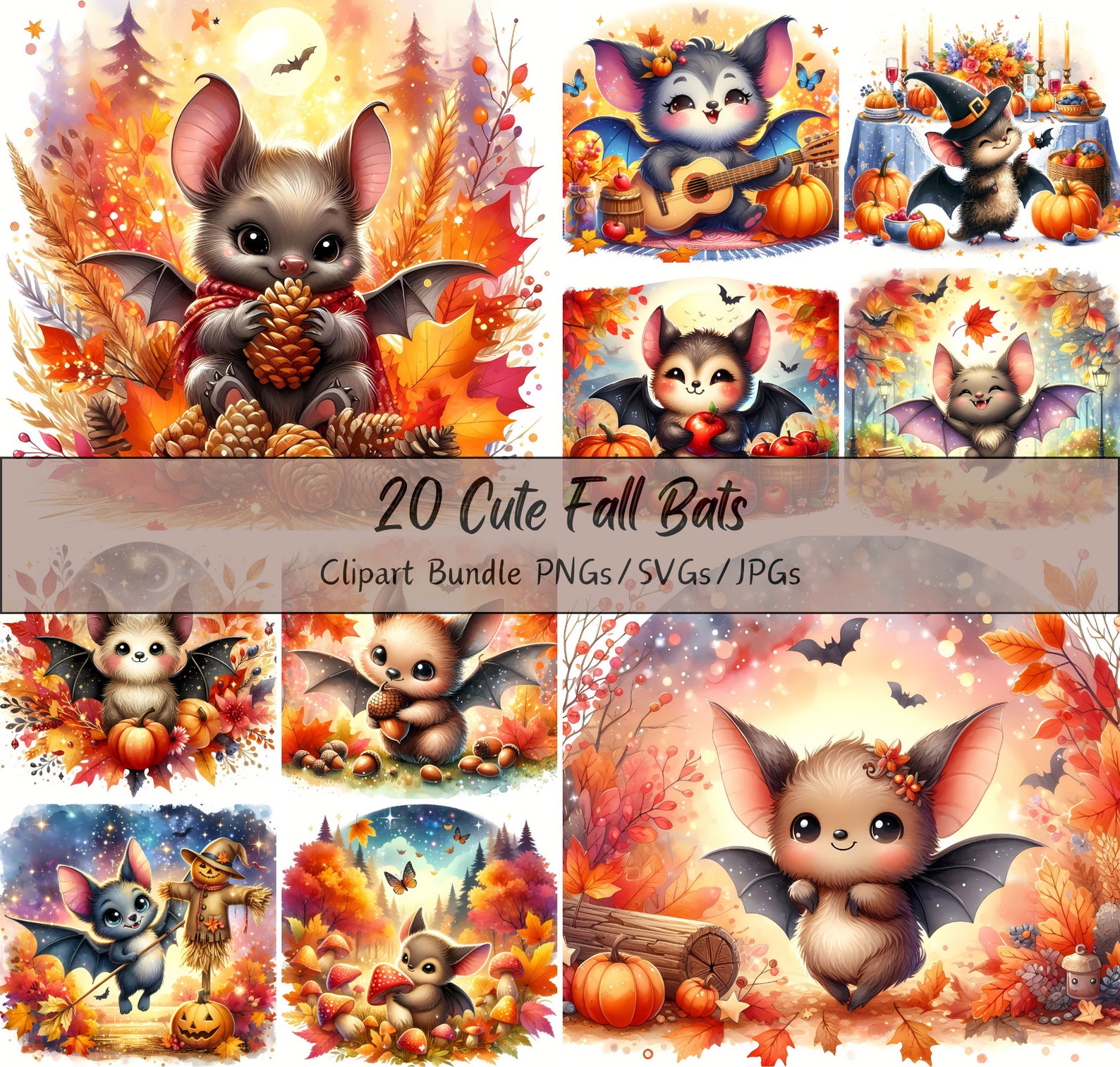 Cute Fall Bats Clipart Bundle, Watercolor Bat Clip Art Images, High ...