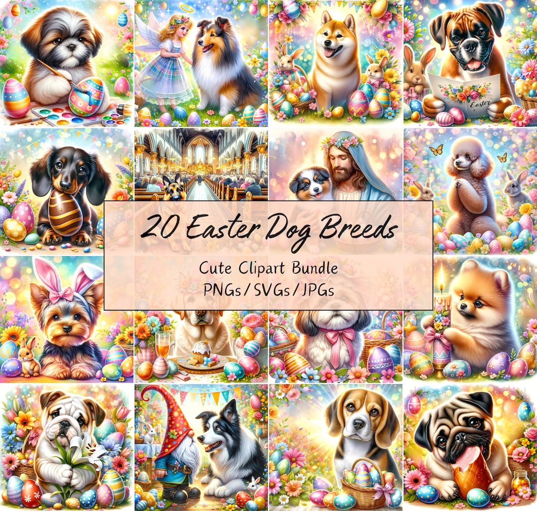 Cute Easter Dogs Breeds Clipart Bundle, Watercolor Clip Art Images, 20 ...