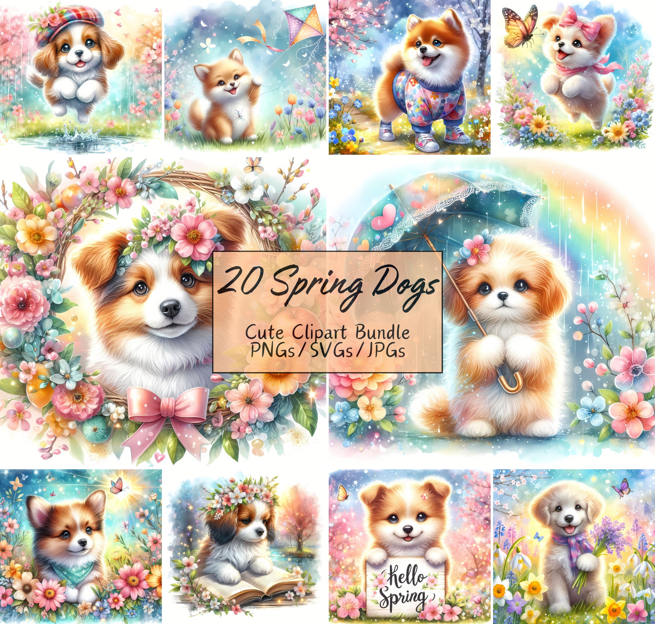 Cute Spring Dog Clipart Bundle, Watercolor Clip Art Images, 20 High ...
