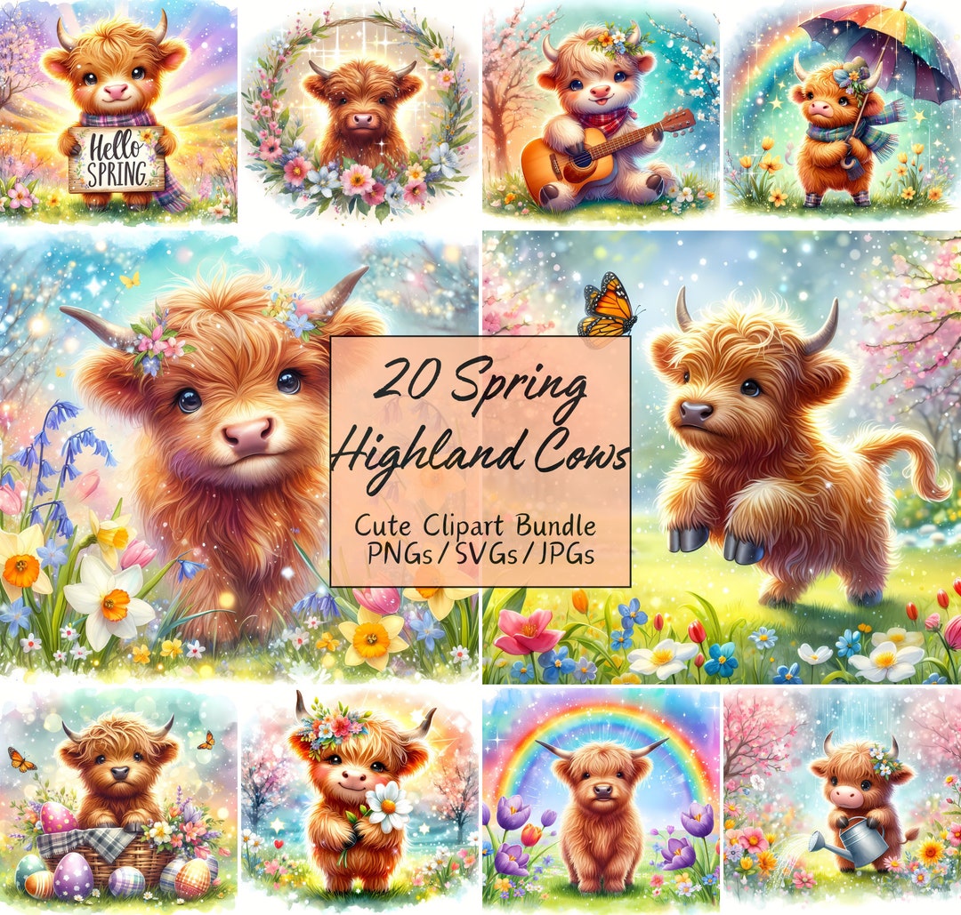 Cute Spring Highland Cow Clipart, Funny Watercolor Animal Images, High ...