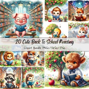Cute Back to School Animals Reading Clipart Bundle, Watercolor Animal ...