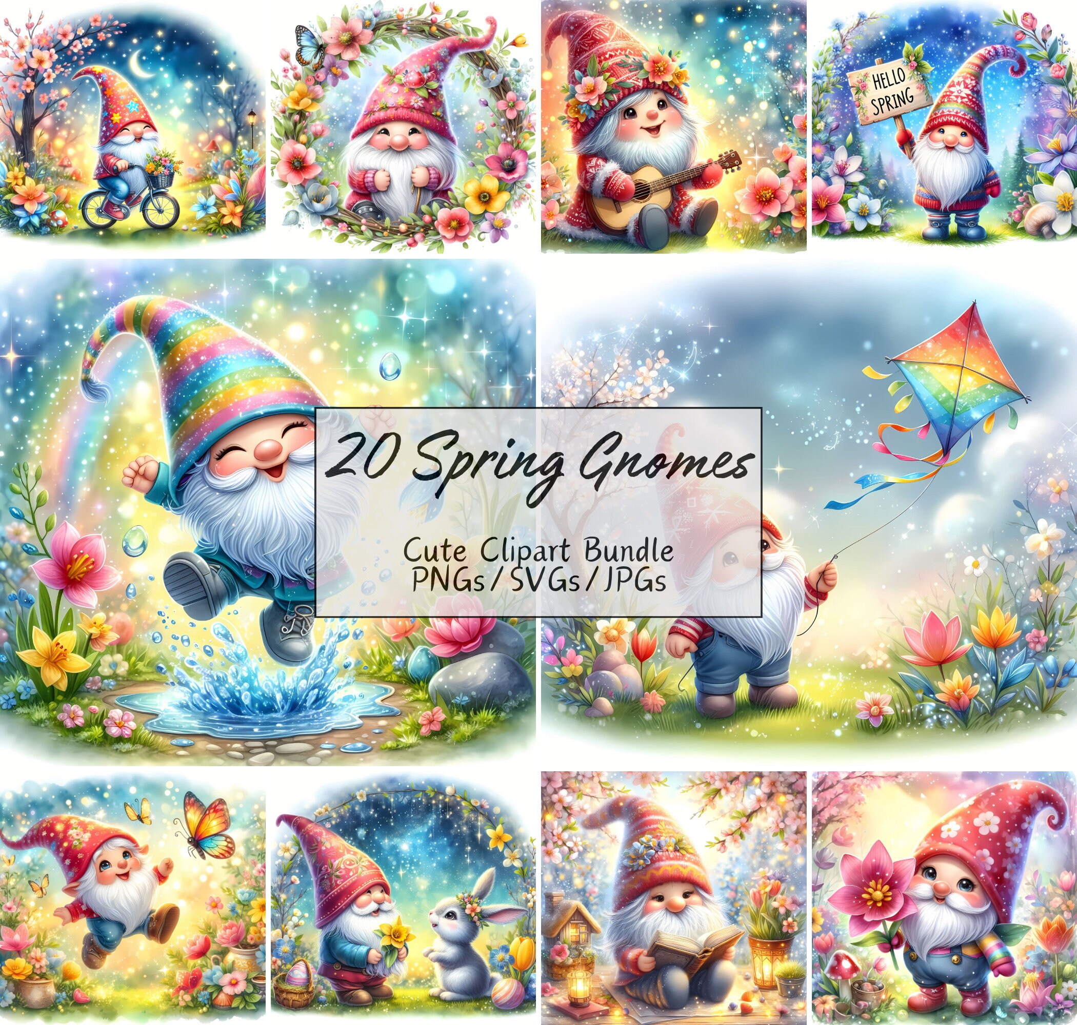 Cute Spring Gnomes Clipart Bundle, Watercolor Clip Art Images, 20 High ...
