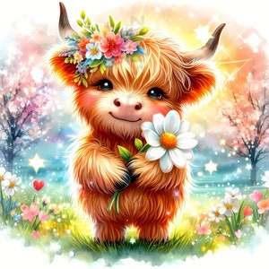 Cute Spring Highland Cow Clipart, Funny Watercolor Animal Images, High ...