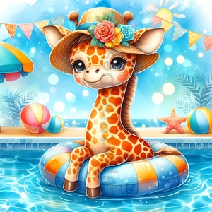 Cute Summer Pool Animals Clipart Bundle, Watercolor Sun Clip Art Images ...