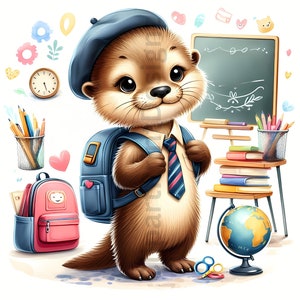 Cute Back to School Otters Clipart Bundle, Watercolor Otter Clip Art ...