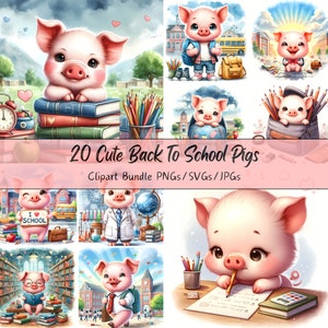 Cute Back to School Pigs Clipart Bundle, Watercolor Pig Clip Art Images ...