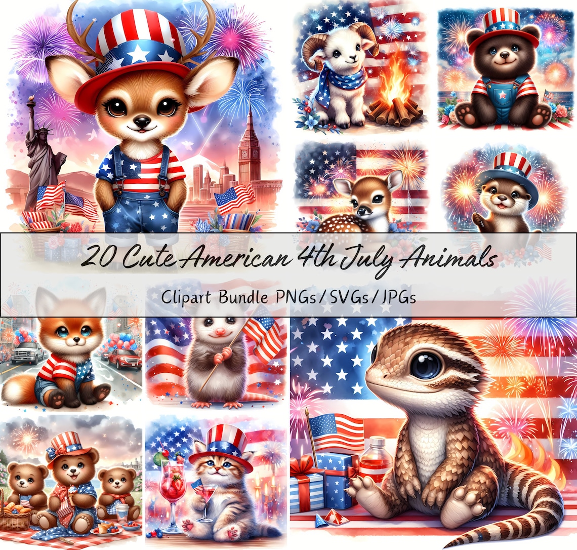 Cute 4th July American Animals Clipart Bundle, Watercolor Patriotic ...