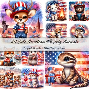 Cute 4th July American Animals Clipart Bundle, Watercolor Patriotic ...