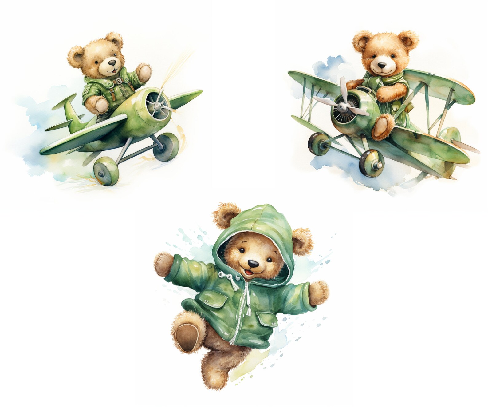 20 Green Watercolour Teddy Bear Clipart, Baby Shower Bundle, Commercial ...