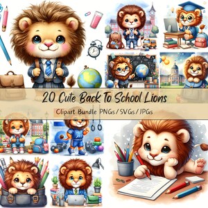 Cute Back to School Lions Clipart Bundle, Watercolor Lion Clip Art ...
