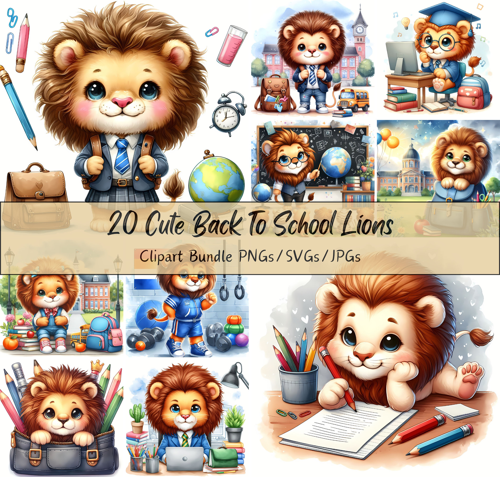 Cute Back to School Lions Clipart Bundle, Watercolor Lion Clip Art ...
