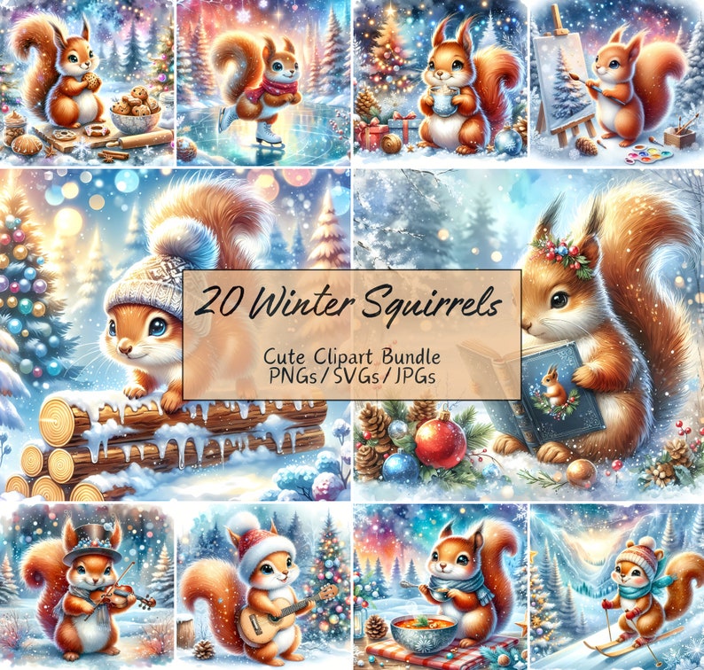 Cute Winter Squirrel Clipart Bundle, Festive Watercolor Clip Art Images ...