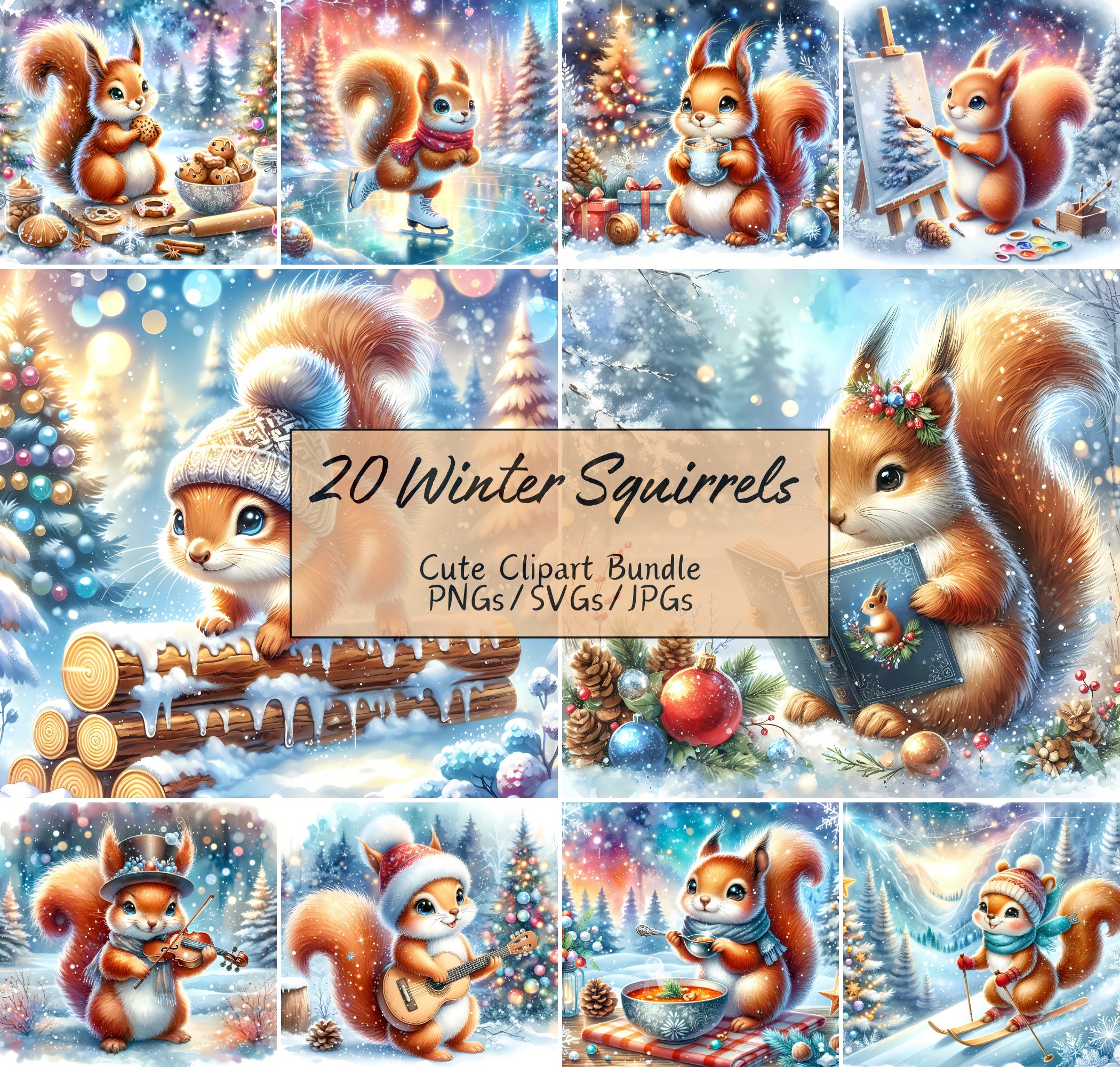 Cute Winter Squirrel Clipart Bundle, Festive Watercolor Clip Art Images ...