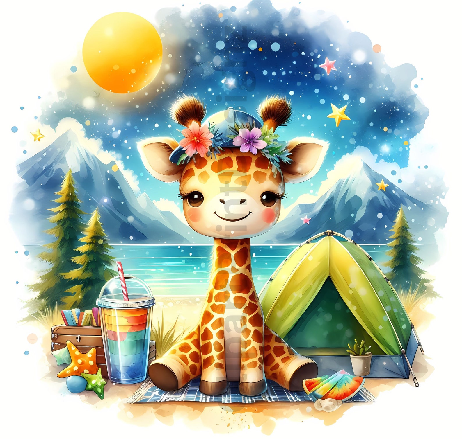 Cute Summer Giraffes Clipart Bundle, Watercolor Giraffe Clip Art Images ...