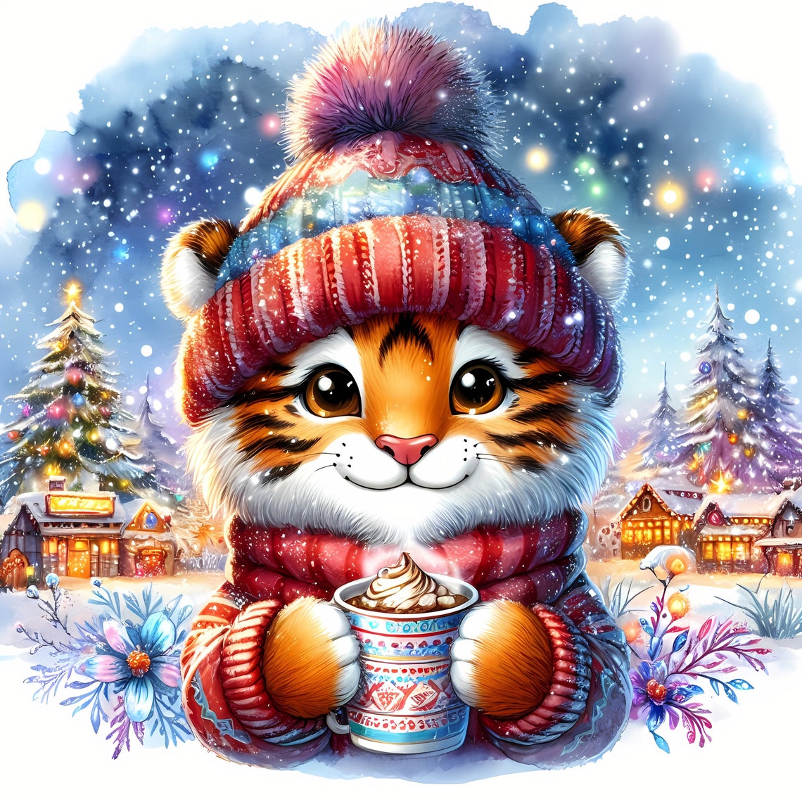 Cute Winter Tiger Clipart Bundle, Festive Watercolor Clip Art Images ...