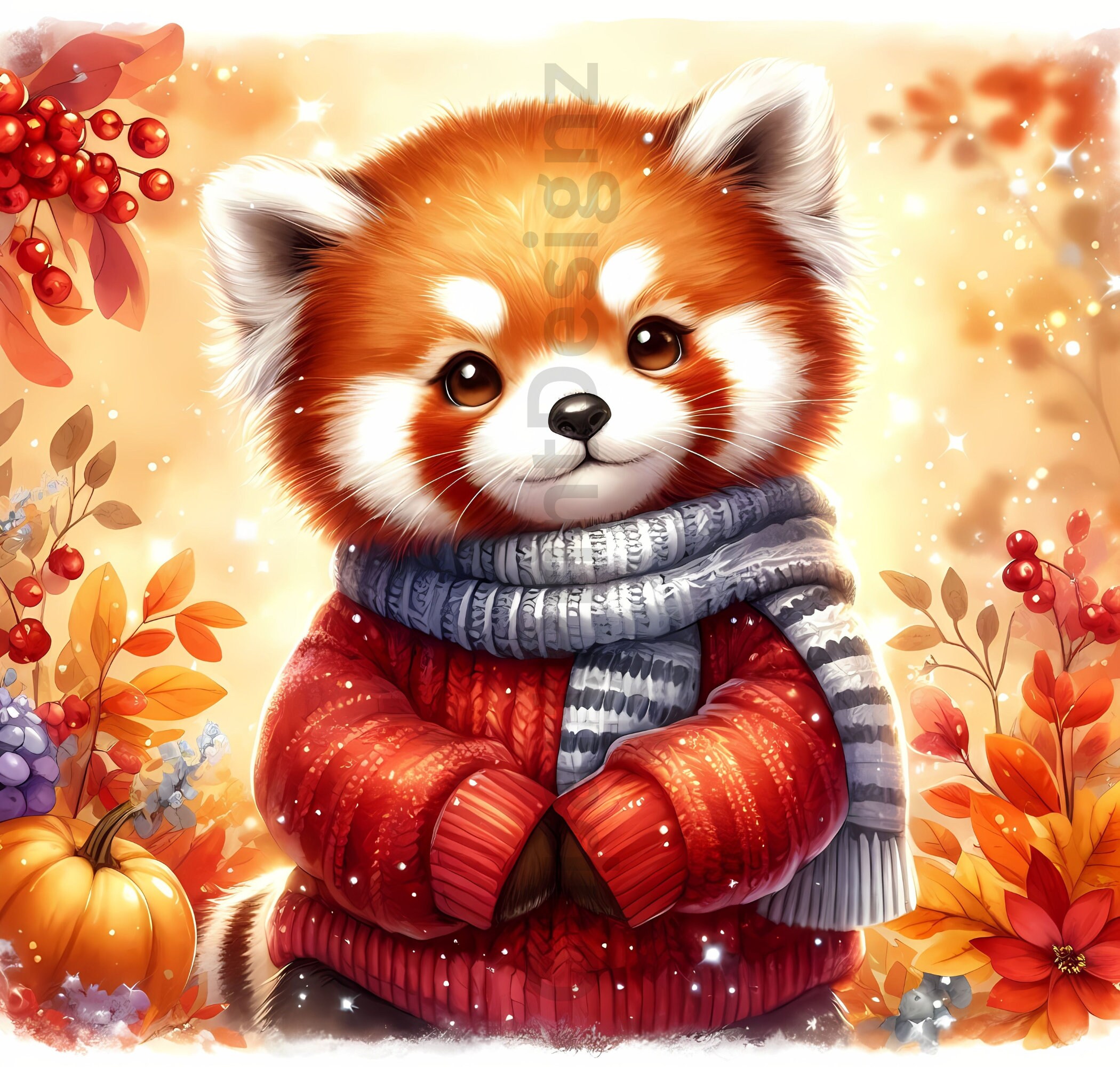 Cute Fall Red Pandas Clipart Bundle, Watercolor Panda Clip Art Images ...