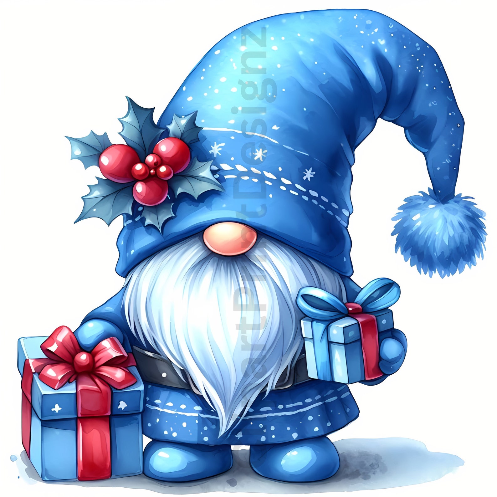 Blue Watercolor Festive Gnomes Clipart Bundle Blue Christmas Gnomes