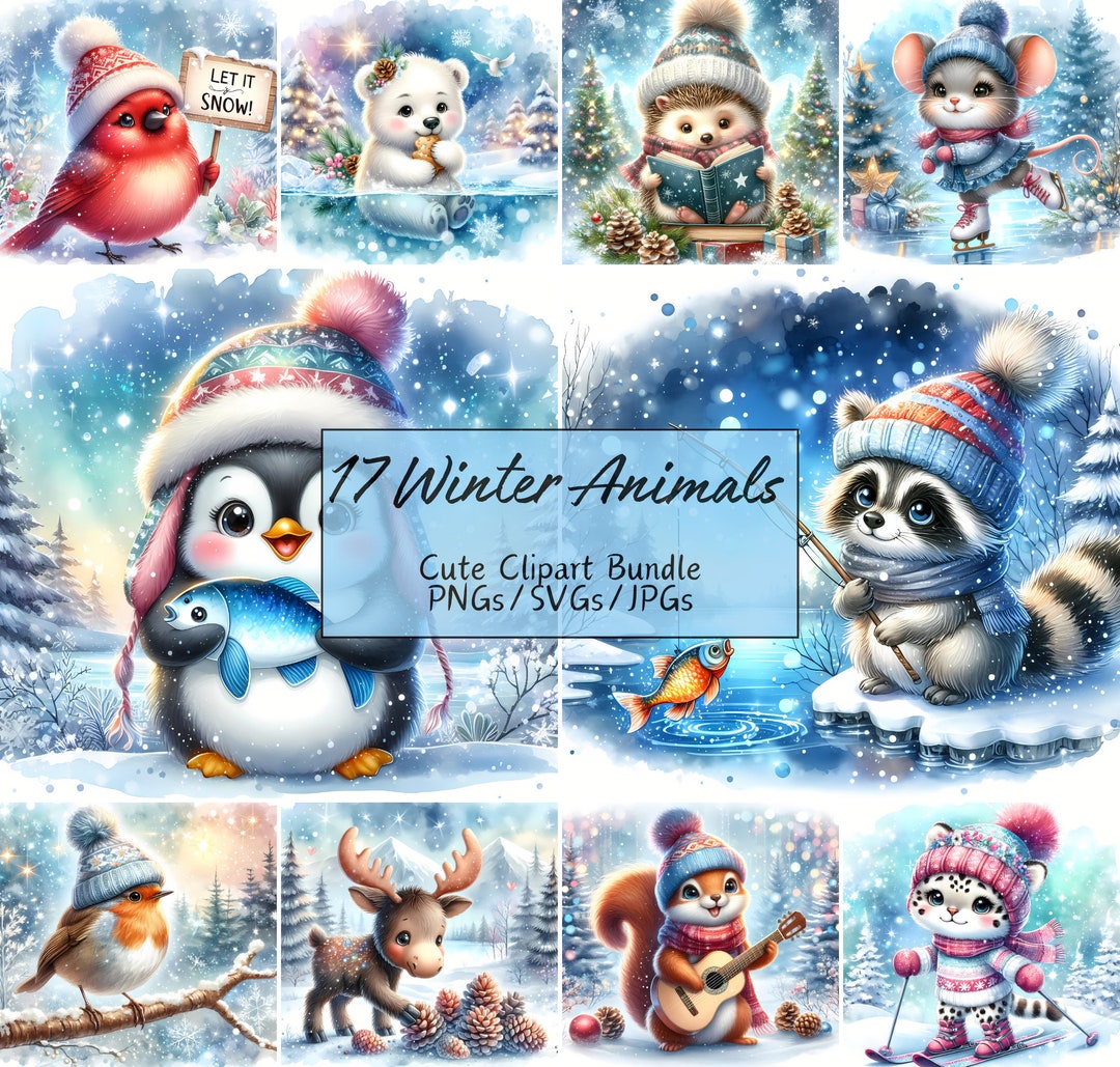Cute Watercolor Winter Animals Clipart Bundle, Baby Animal Images, 17 ...