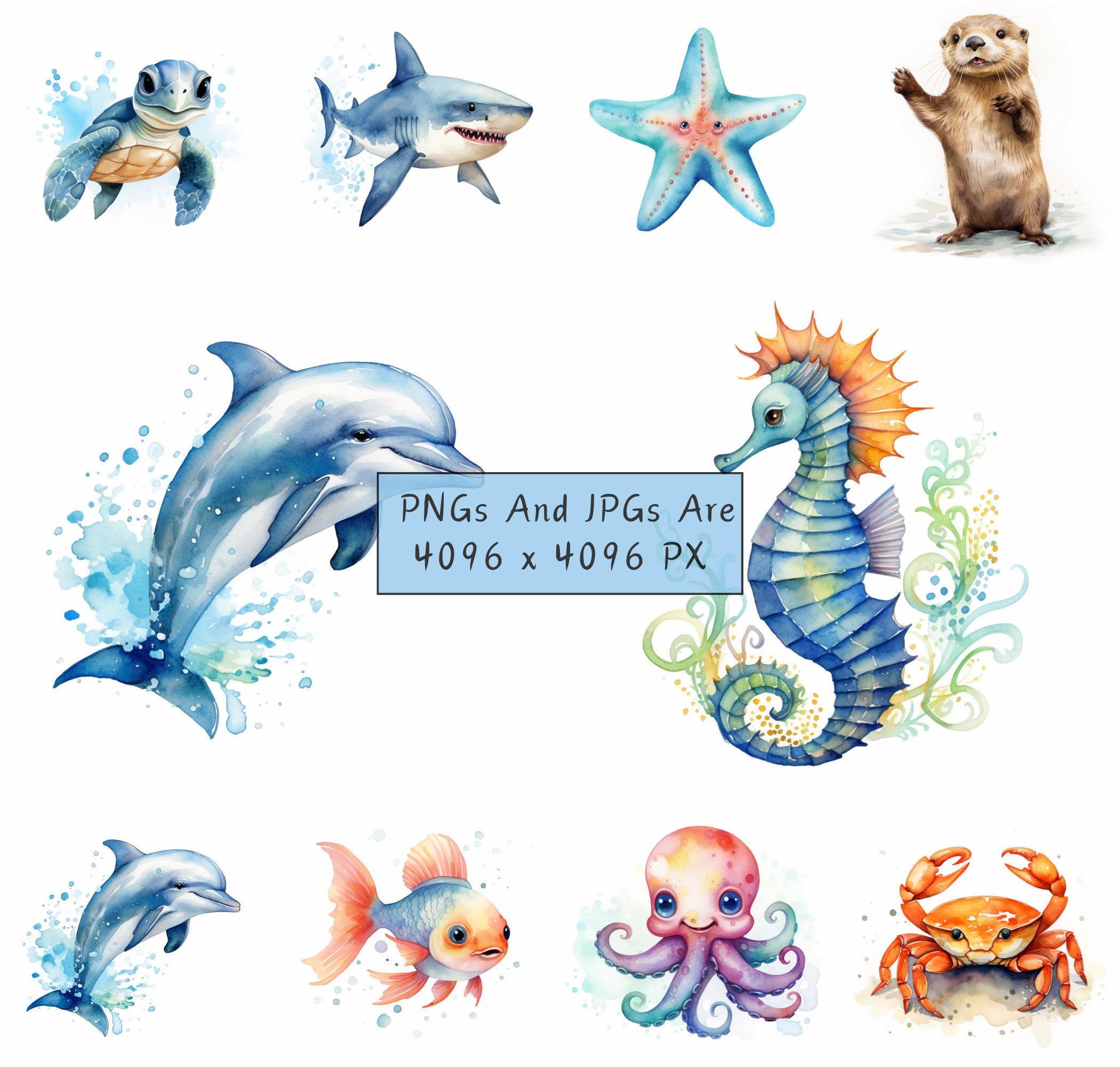 Watercolor Ocean Animals Clipart Bundle, 20 Cute Sea Animals, Nursery ...