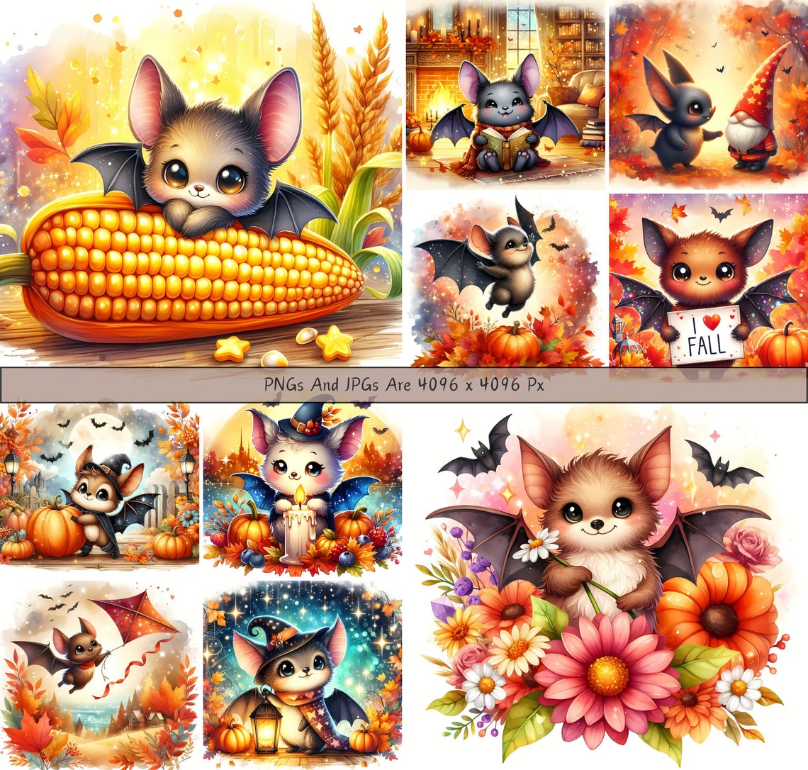 Cute Fall Bats Clipart Bundle, Watercolor Bat Clip Art Images, High ...