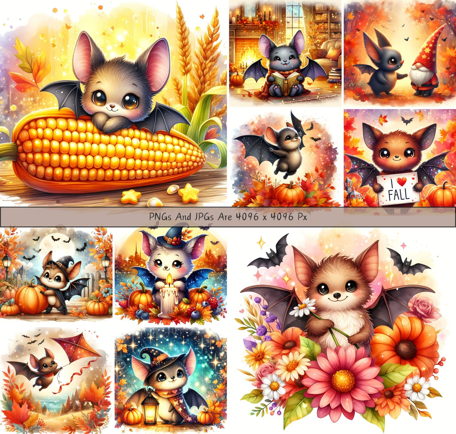 Cute Fall Bats Clipart Bundle, Watercolor Bat Clip Art Images, High ...