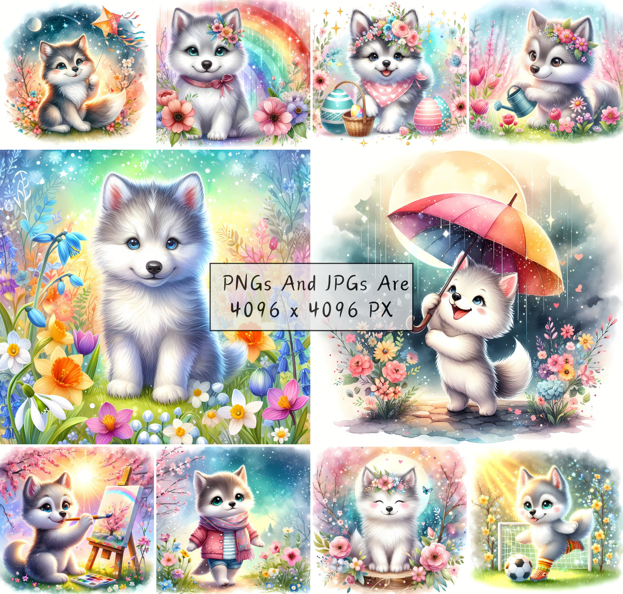 Cute Spring Wolves Clipart Bundle, Watercolor Clip Art Images, High ...