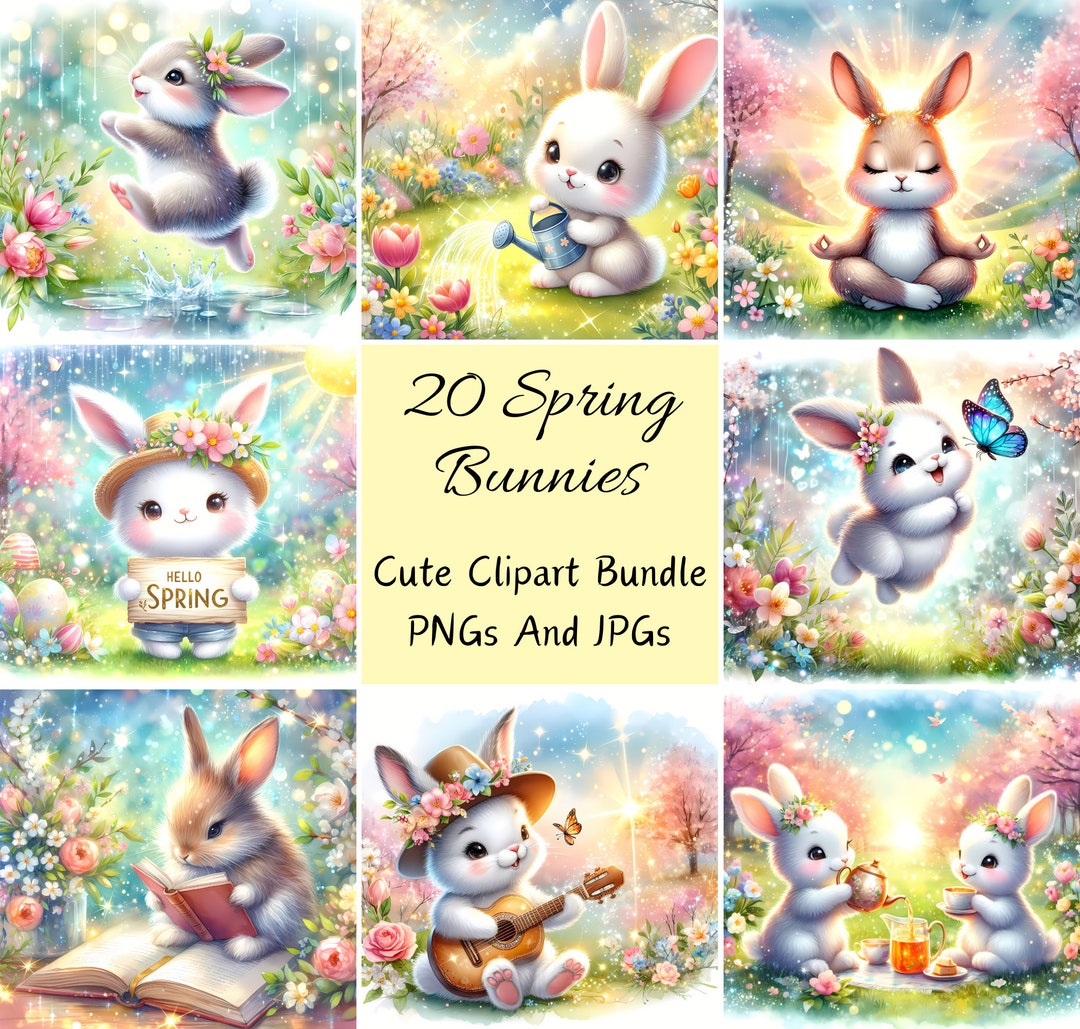 Cute Spring Bunny Clipart Bundle, Watercolor Clip Art Images, 20 High ...