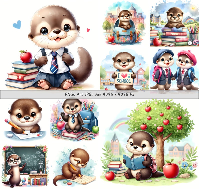 Cute Back to School Otters Clipart Bundle, Watercolor Otter Clip Art ...