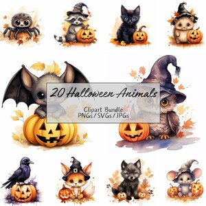 Watercolor Halloween Animal Clipart Bundle, 20 Cute Halloween Images ...