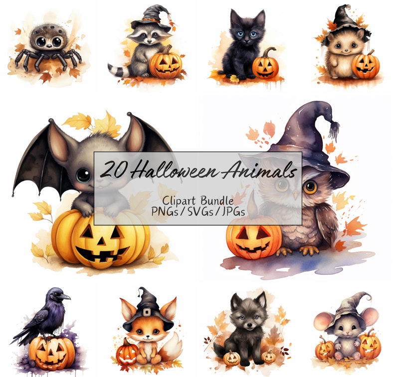 Watercolor Halloween Animal Clipart Bundle, 20 Cute Halloween Images ...