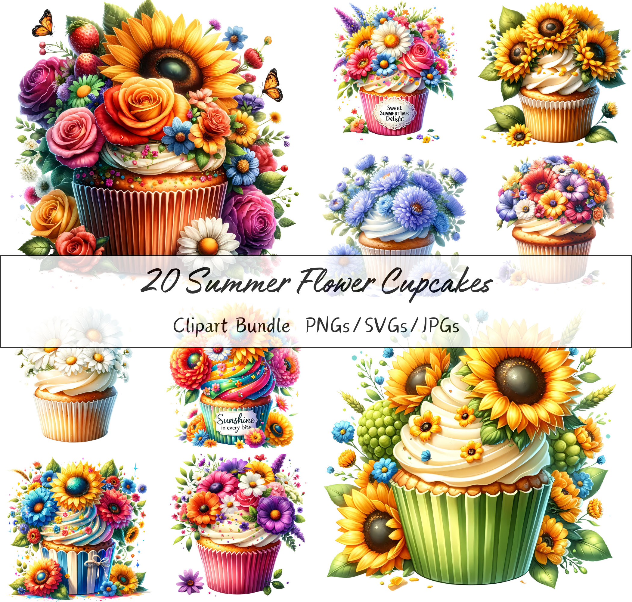 Summer Flower Cupcakes Clipart Bundle, Watercolor Clip Art Images, High ...