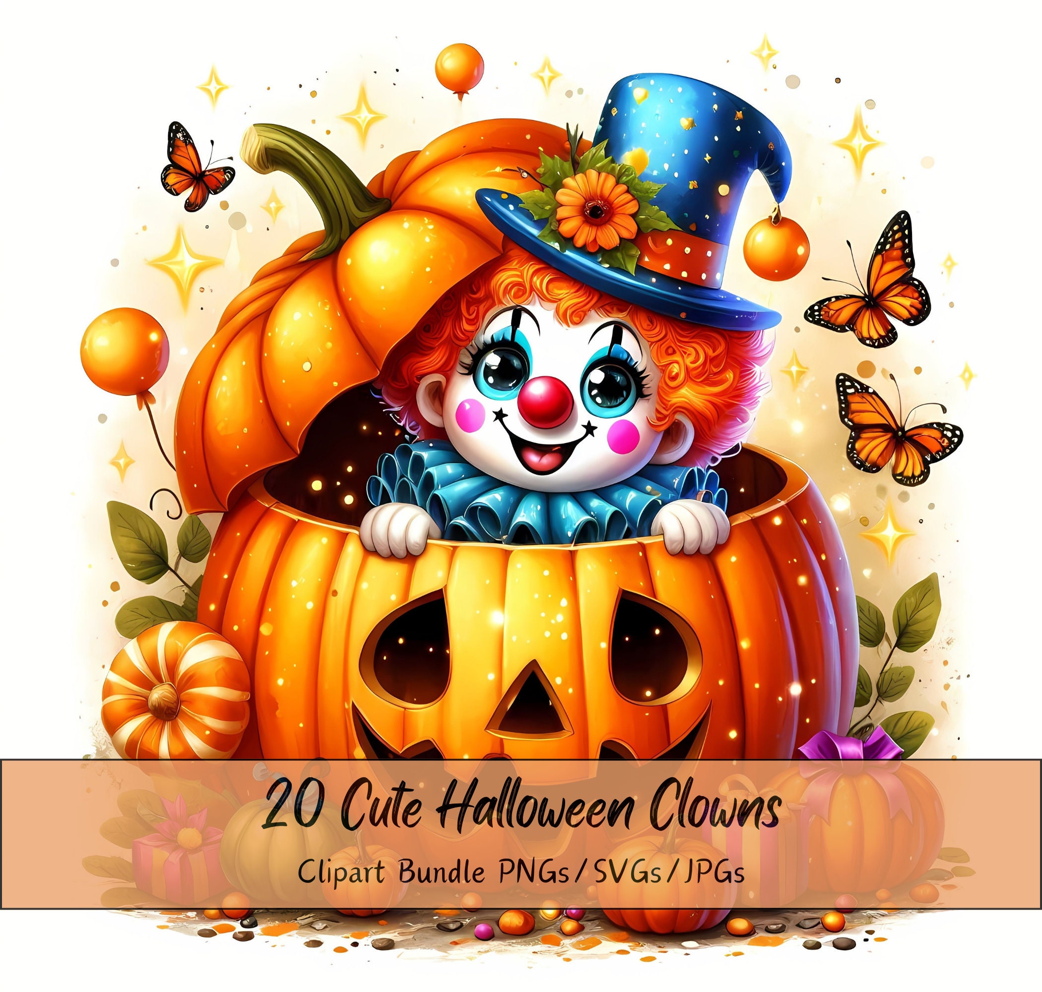 Cute Halloween Clowns Clipart Bundle, Watercolor Clown Clip Art Images ...